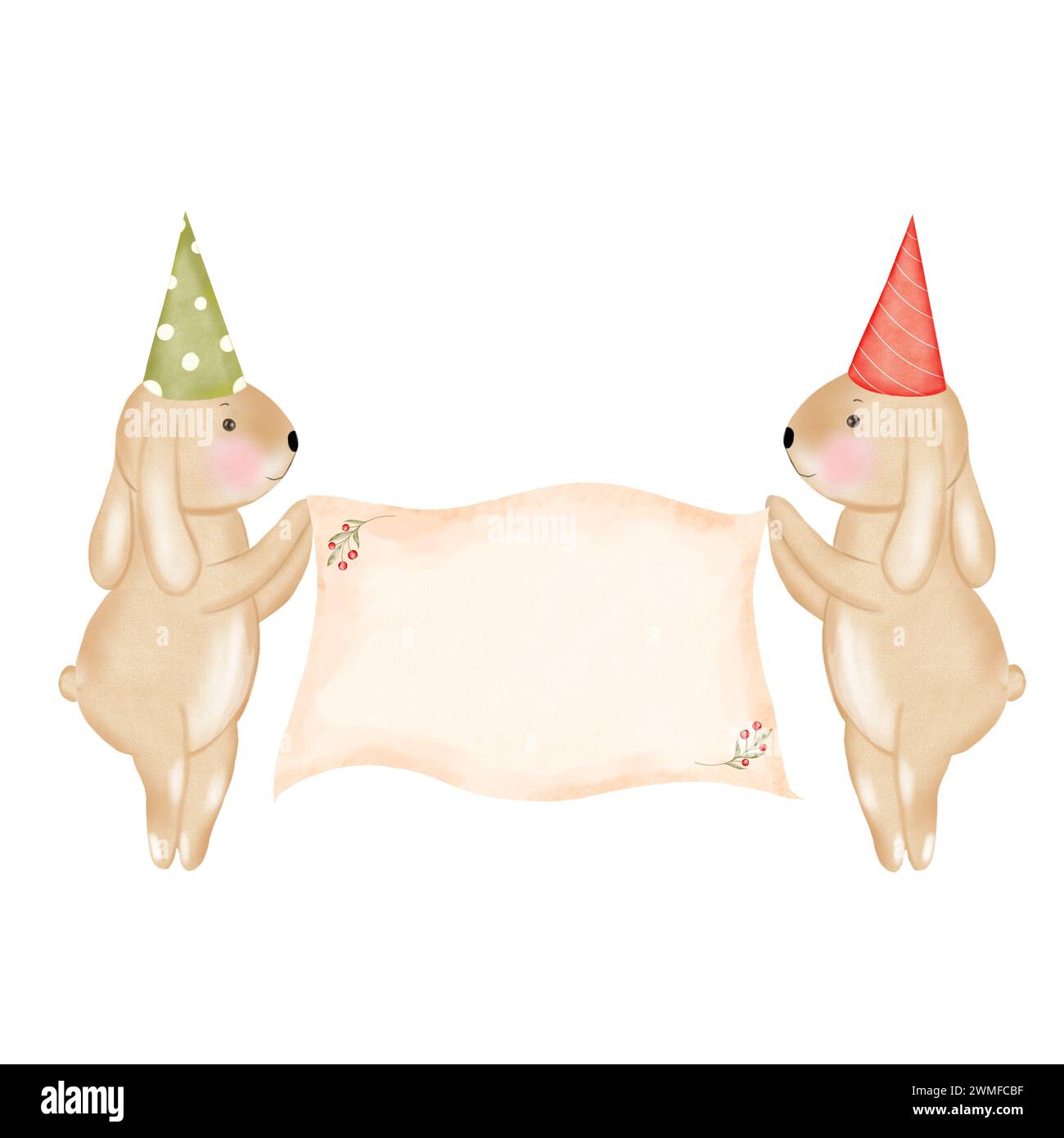 Cute bunnies with a poster for congratulations. Watercolor hand drawing ...