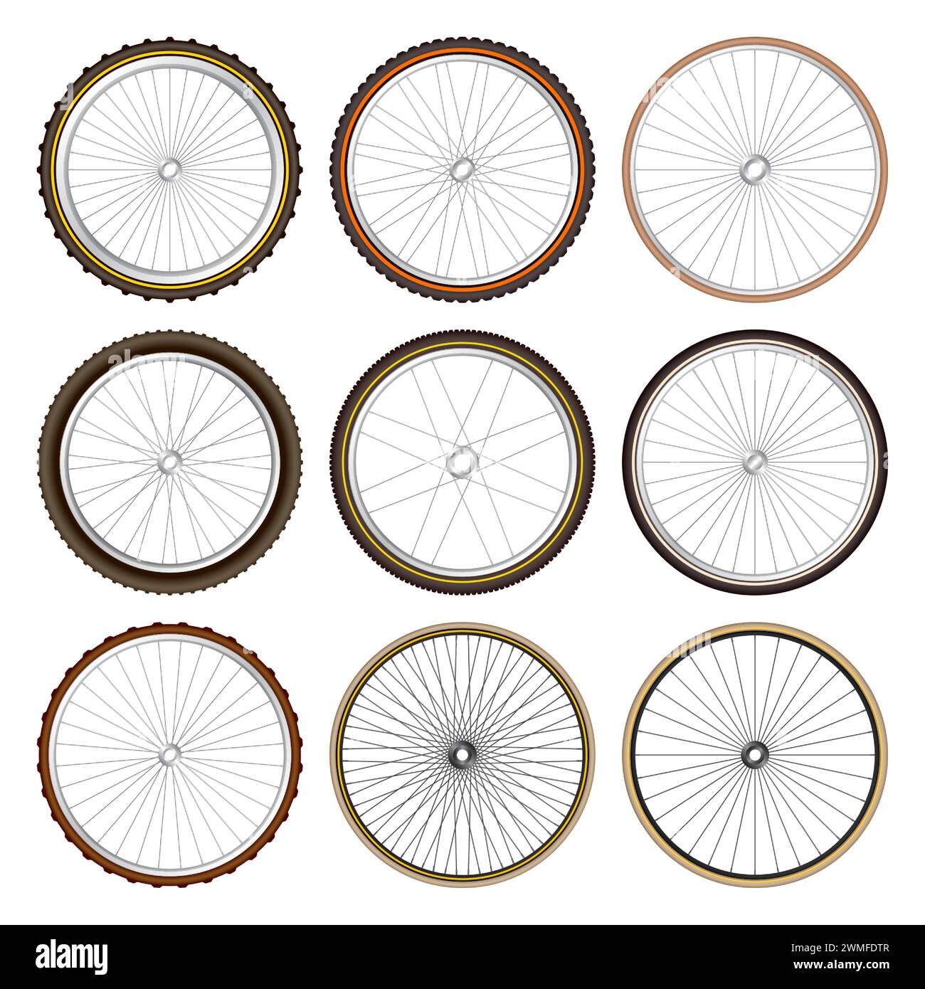 Realistic 3d retro bicycle wheels. Vintage bike rubber tyres, shiny ...