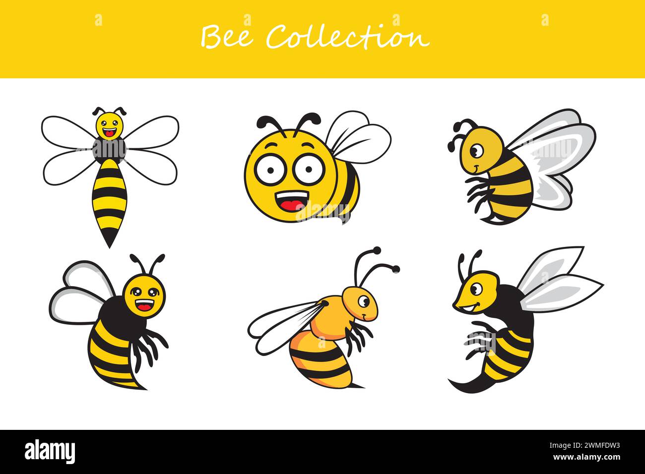 Set of cute cartoon bee. Vector illustration isolated on white ...