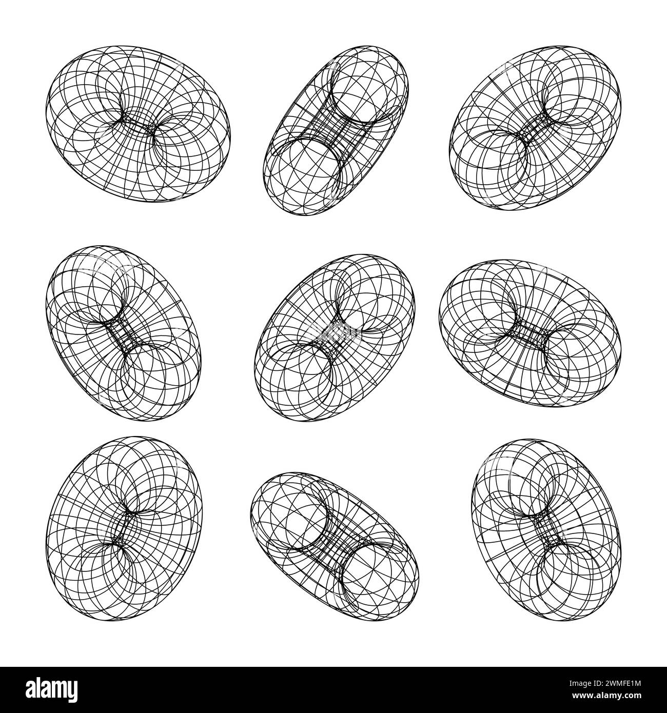 Wireframe shapes, lined torus. Perspective mesh, 3d grid. Low poly ...