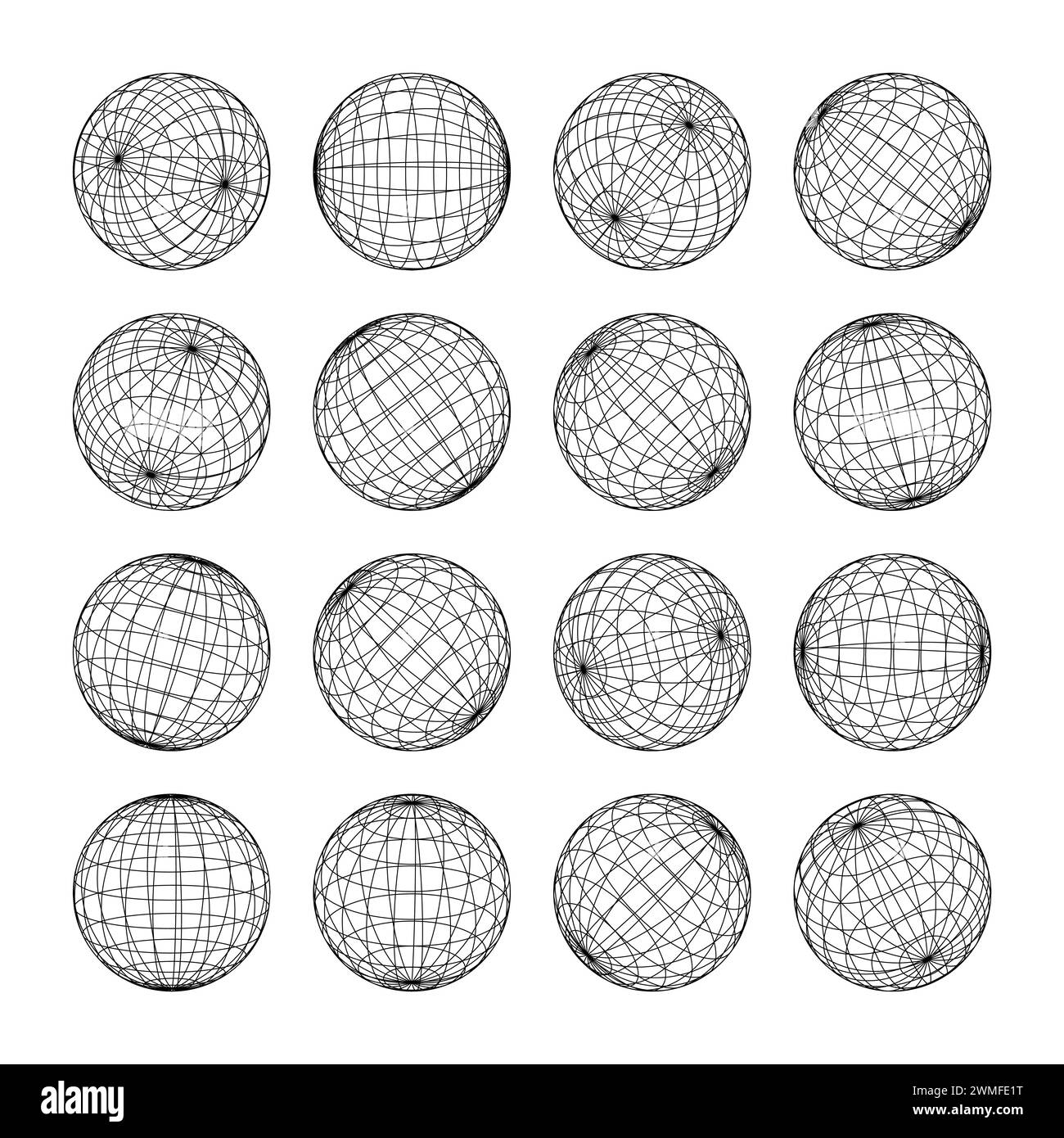 Wireframe shapes, lined sphere. Perspective mesh, 3d grid. Low poly ...