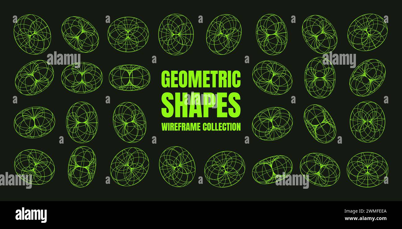Wireframe shapes, lined torus. Perspective mesh, 3d grid. Low poly ...