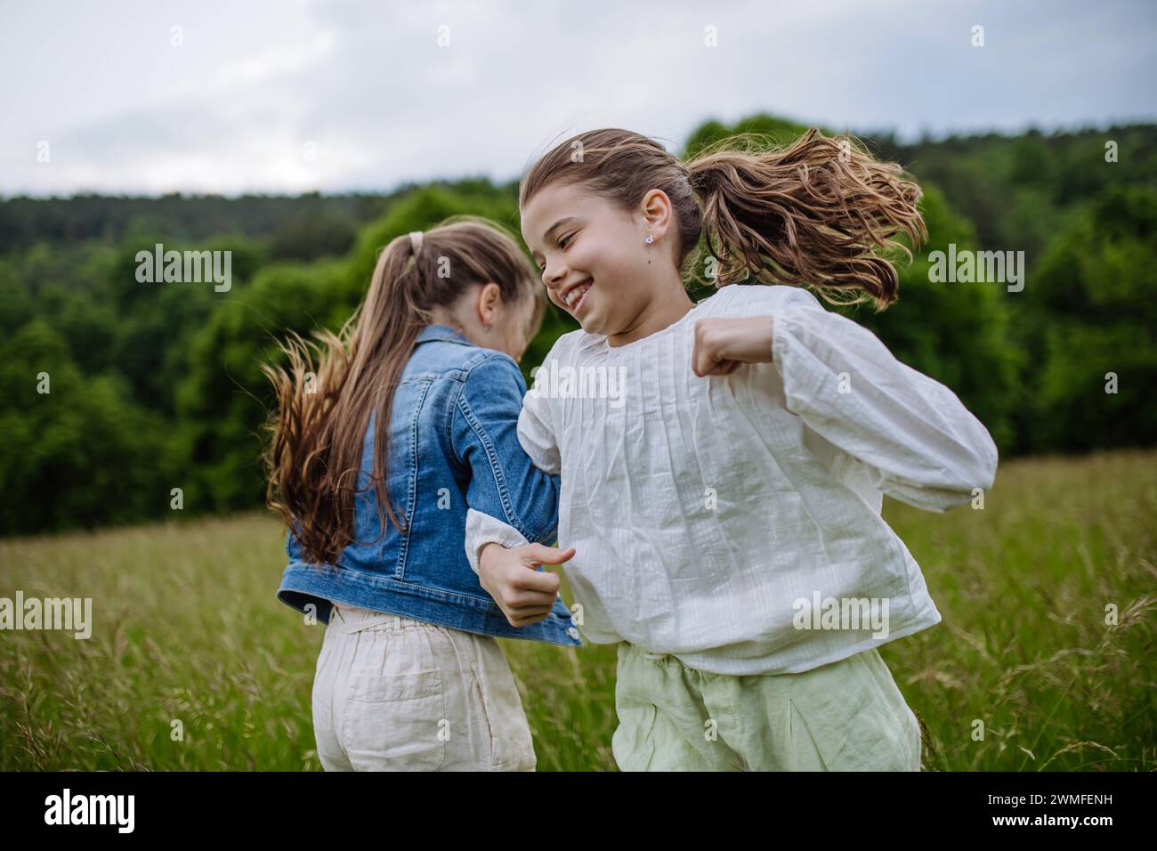 Two sisters playing at meadow in grass, having fun, running and dancing ...