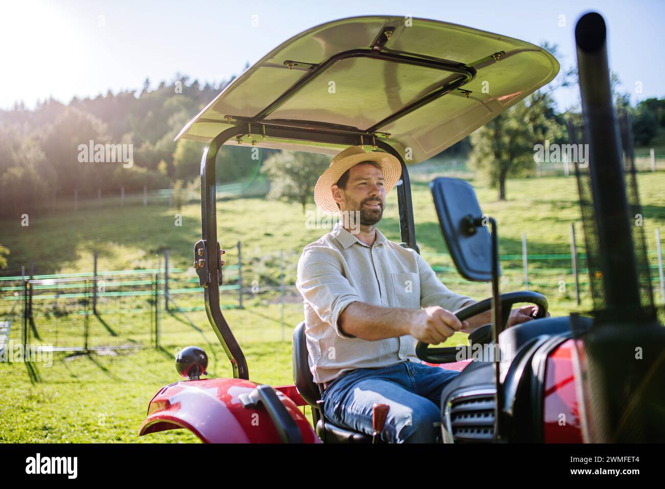 Farmer riding tractor on field. Harvesting crops, collecting vegetables ...