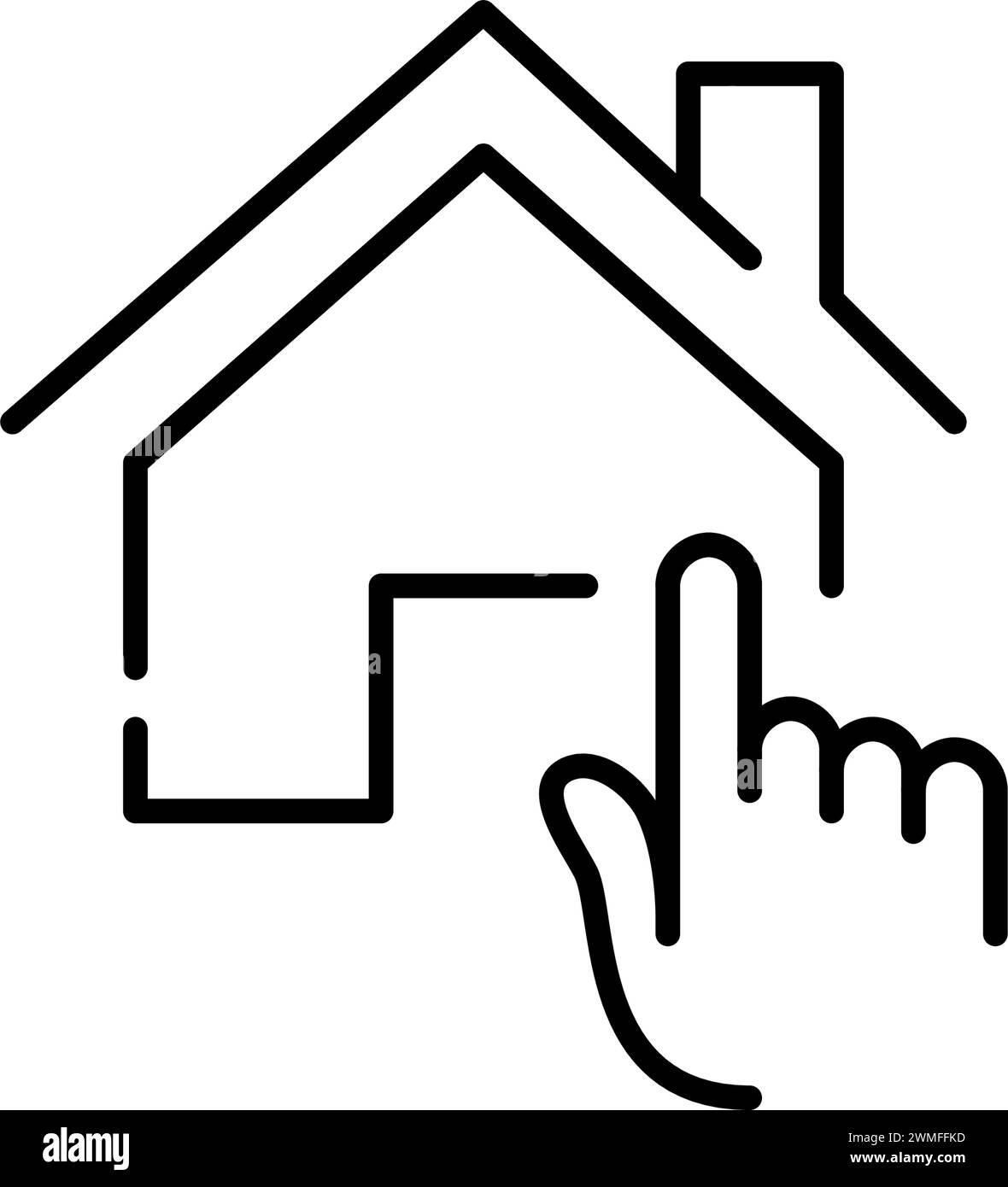 Smart home biometric access. Finger tapping on house icon. Pixel ...