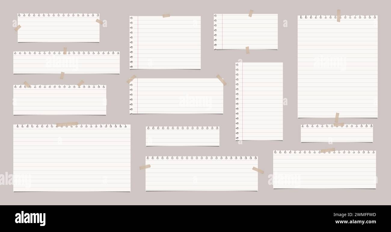 Set of cut notebook sheets, lined paper with hard shadow are on brown ...