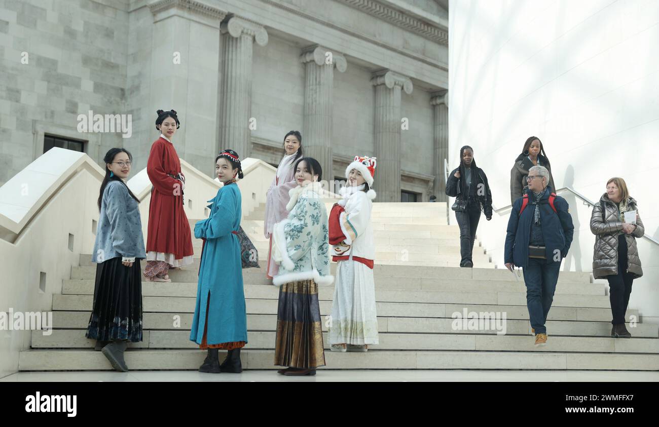 London, Britain. 25th Feb, 2024. Hanfu enthusiasts display Hanfu at the ...