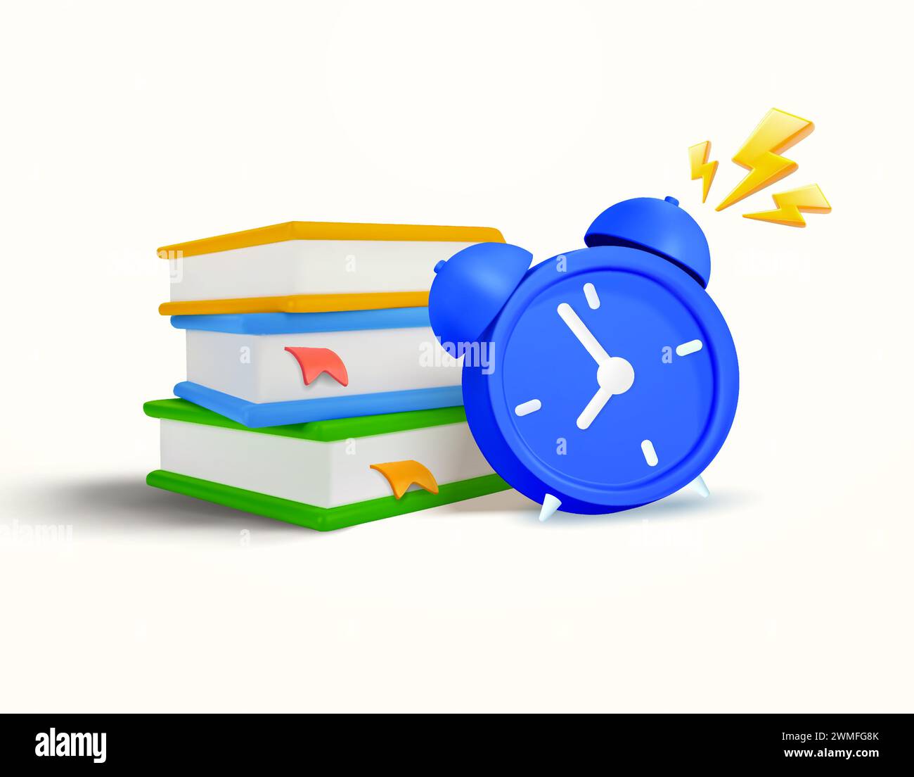 3d pile of books with blue alarm clock, isolated on white background ...