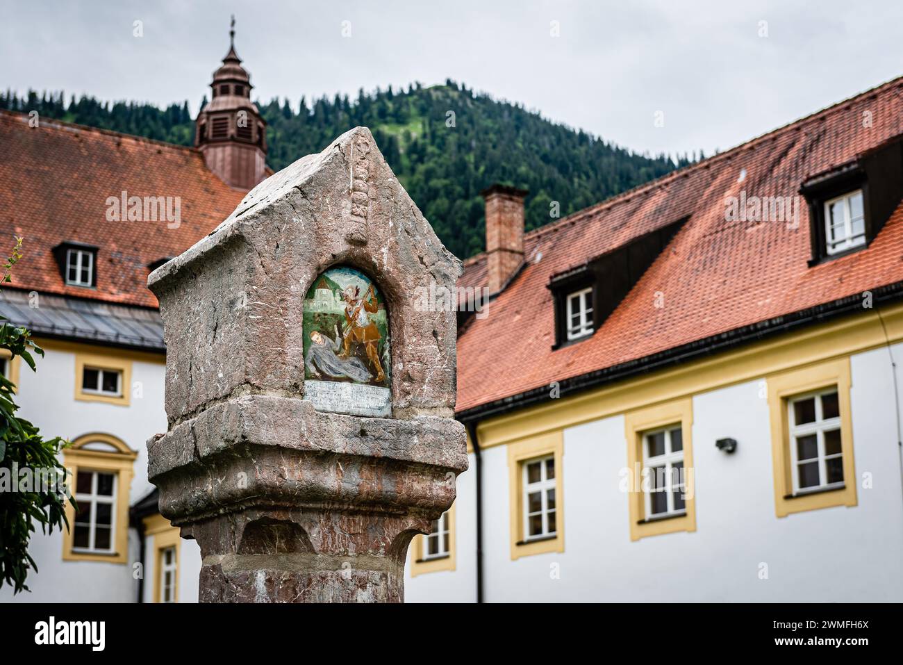 Historic buildings and mountains in the background, Benedictine Abbey ...