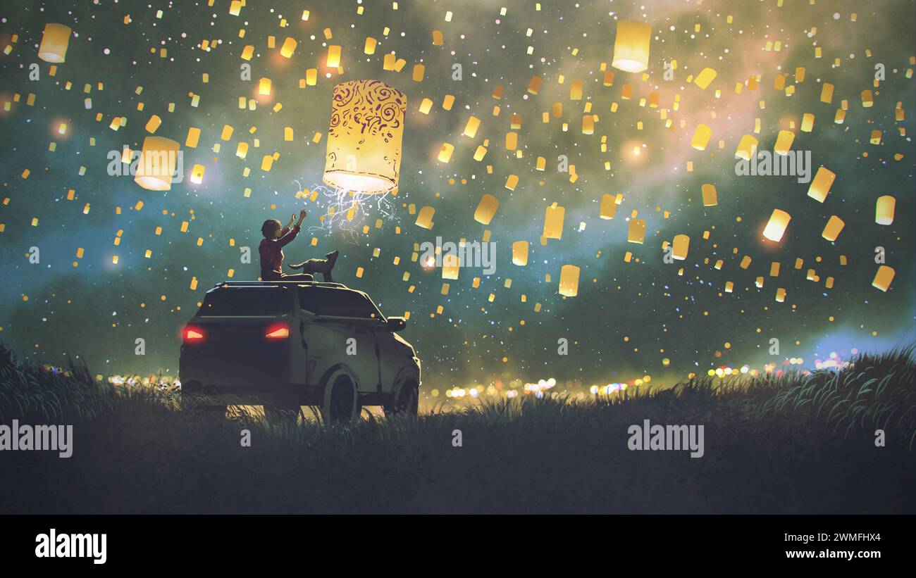 Young woman with her dog sitting on the roof of a suv car release ...