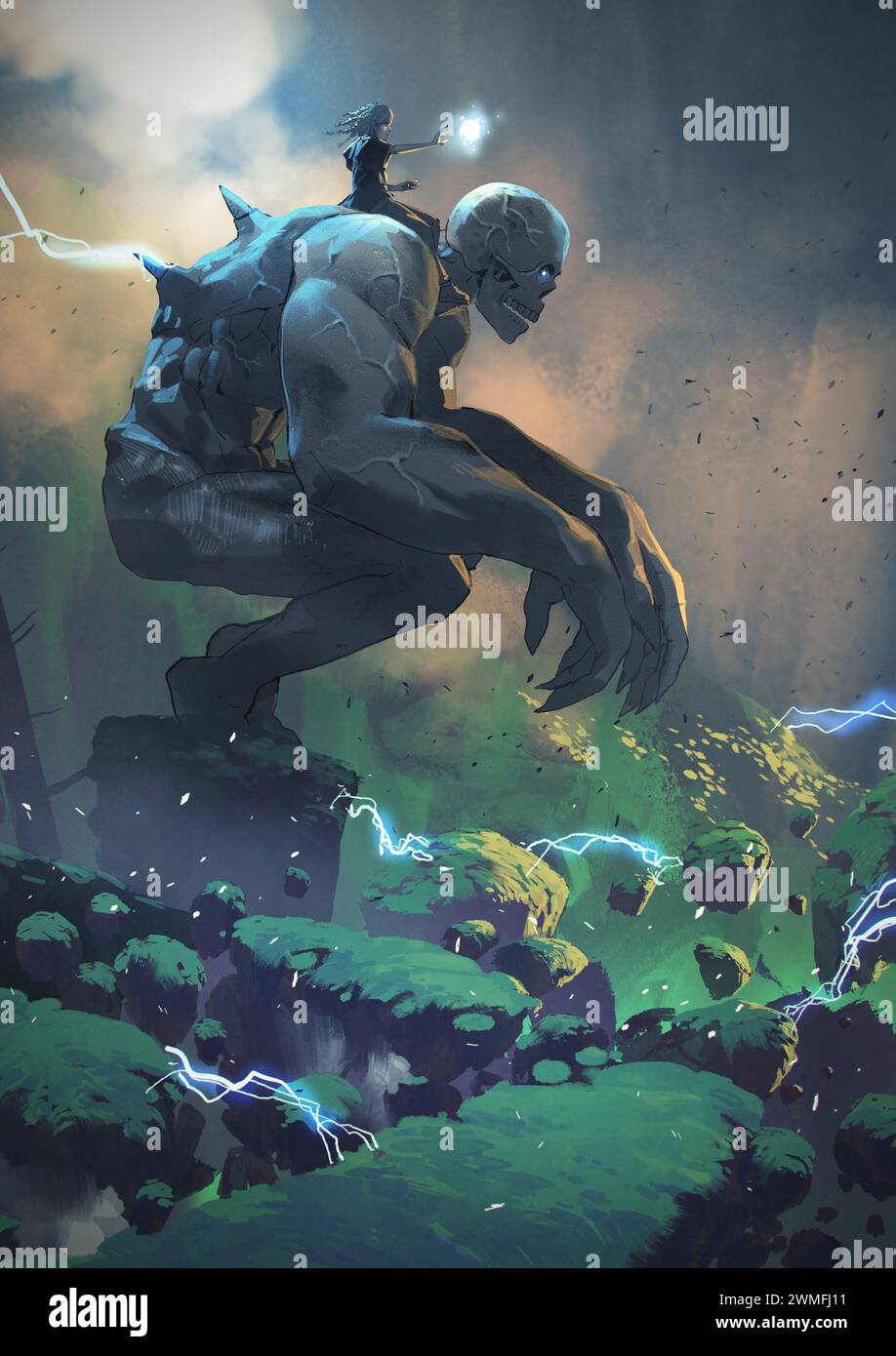 girl sits on her giant monster, digital art style, illustration ...