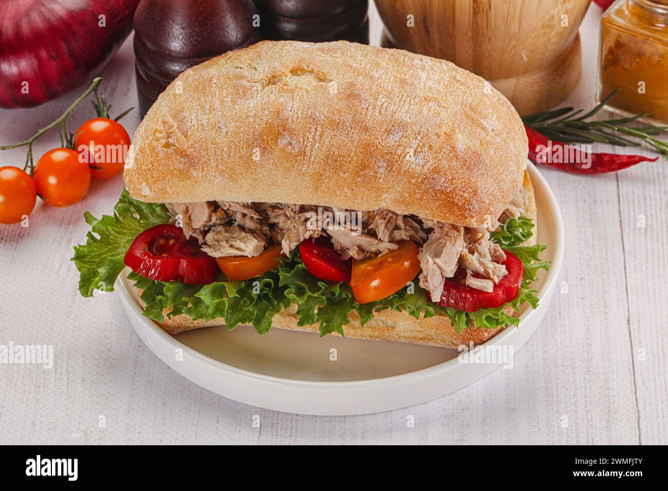 Ciabatta with canned tuna and tomato sandwich Stock Photo - Alamy