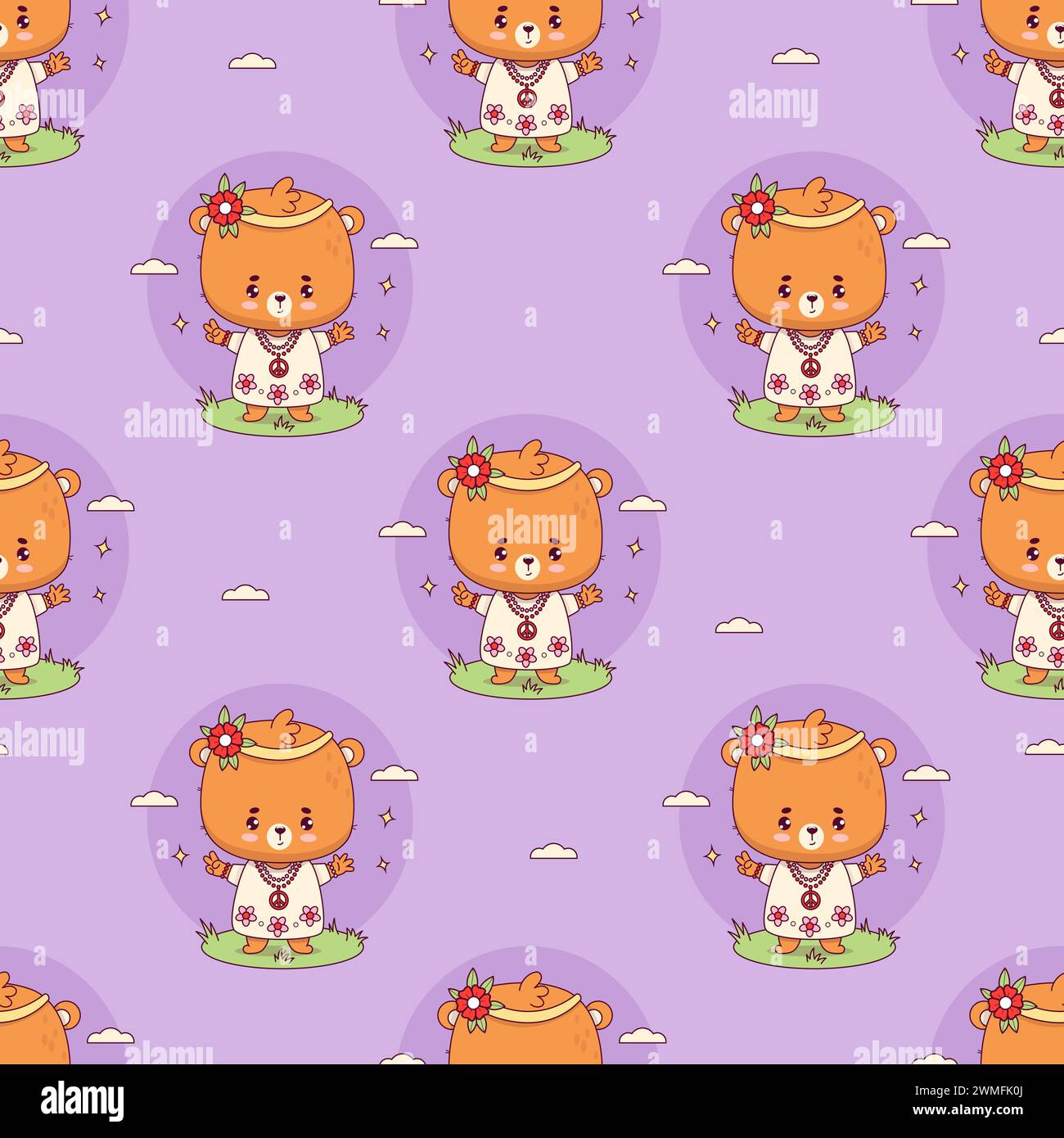 Seamless pattern with hippy bear girl on purple background. Funny retro ...