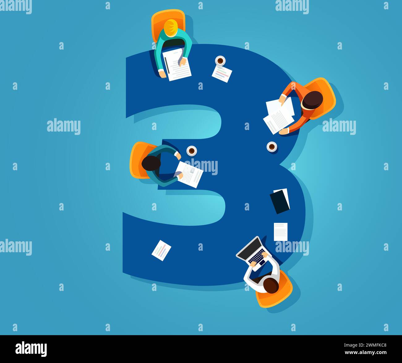 Number 3. Team works together at a table in the shape of the number ...