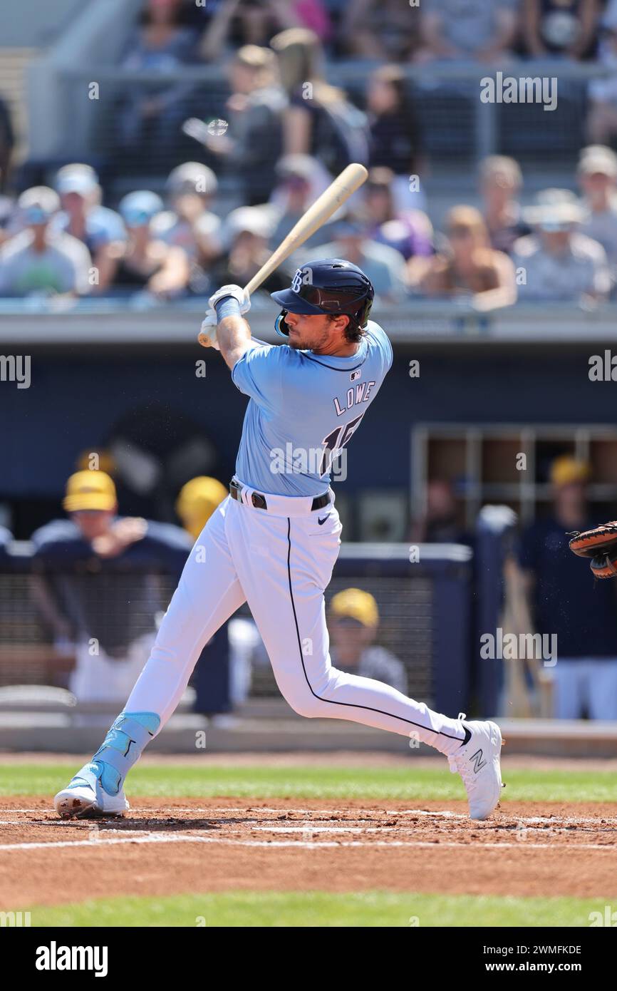 Port Charlotte, FL: Tampa Bay Rays right fielder Josh Lowe (15) singles ...