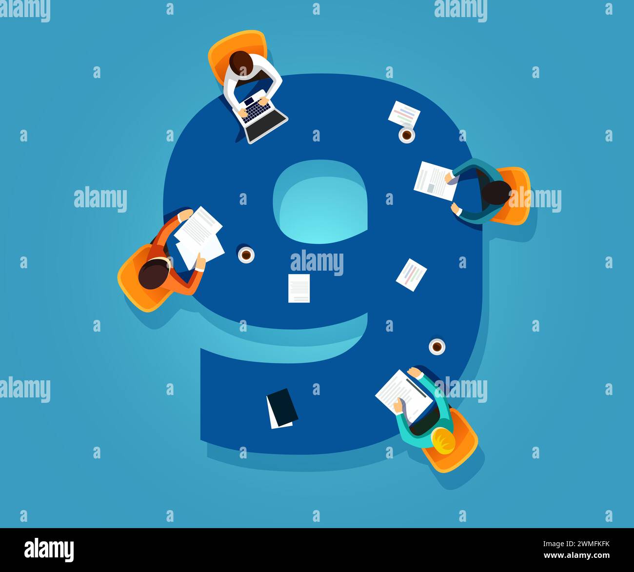 Number 9. Team works together at a table in the shape of the number ...
