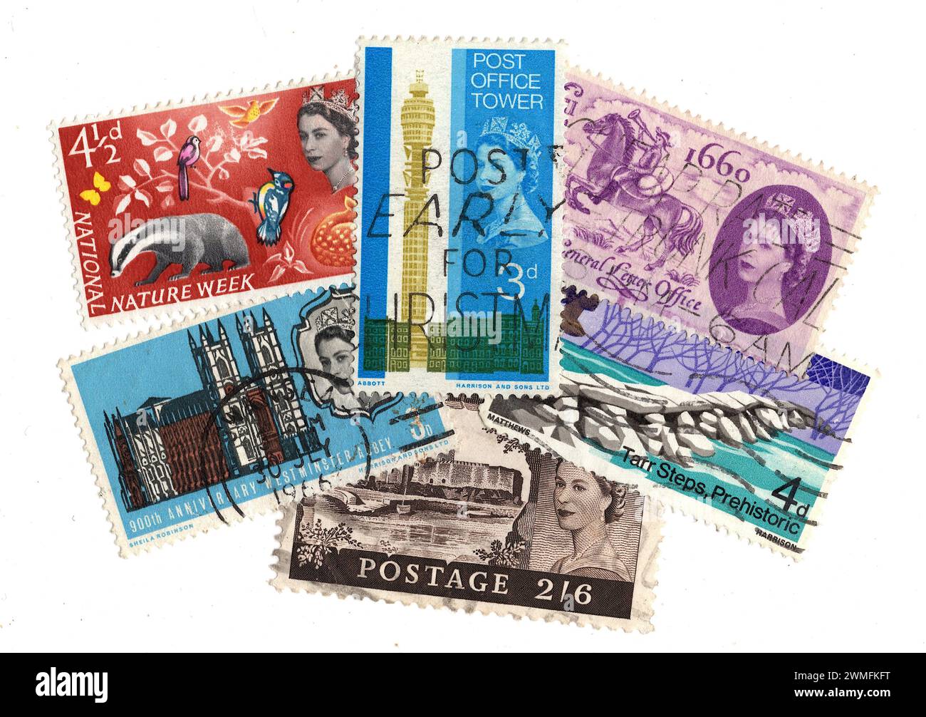A montage of vintage pre decimal postage stamps from the United Kingdom ...