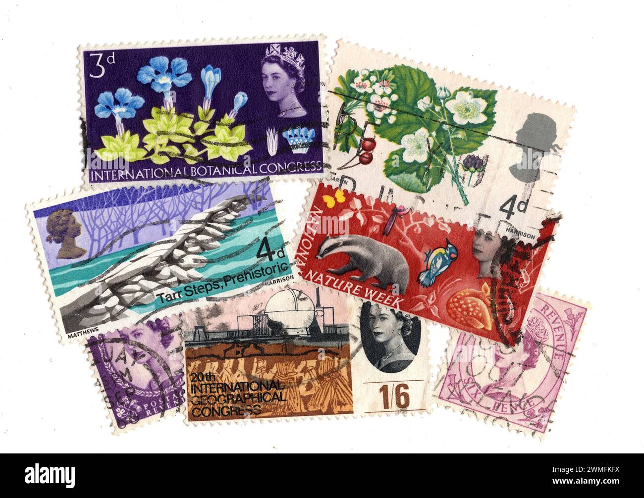 A montage of vintage pre decimal postage stamps from the United Kingdom ...