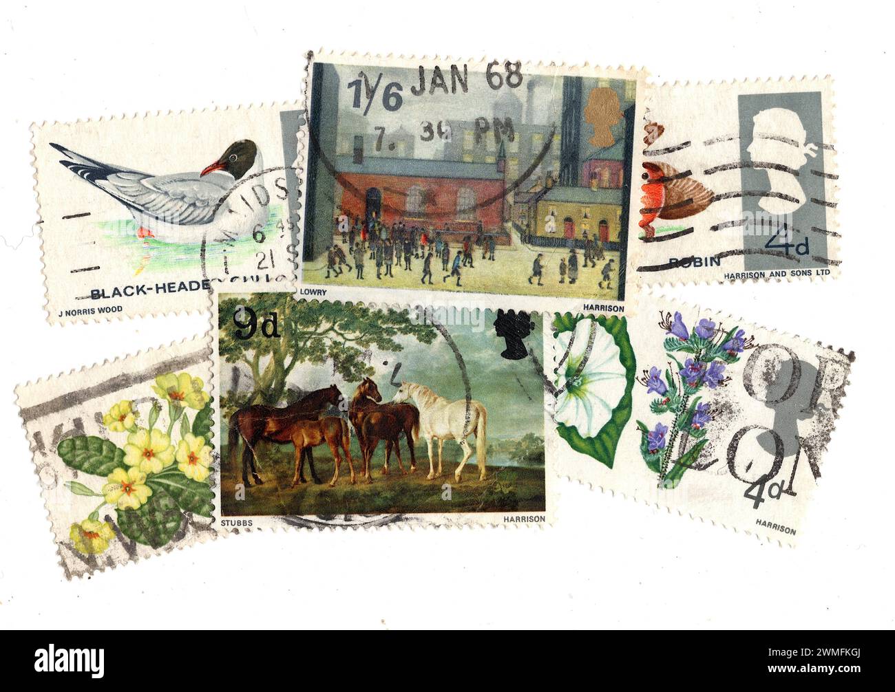 A montage of vintage pre decimal postage stamps from the United Kingdom ...