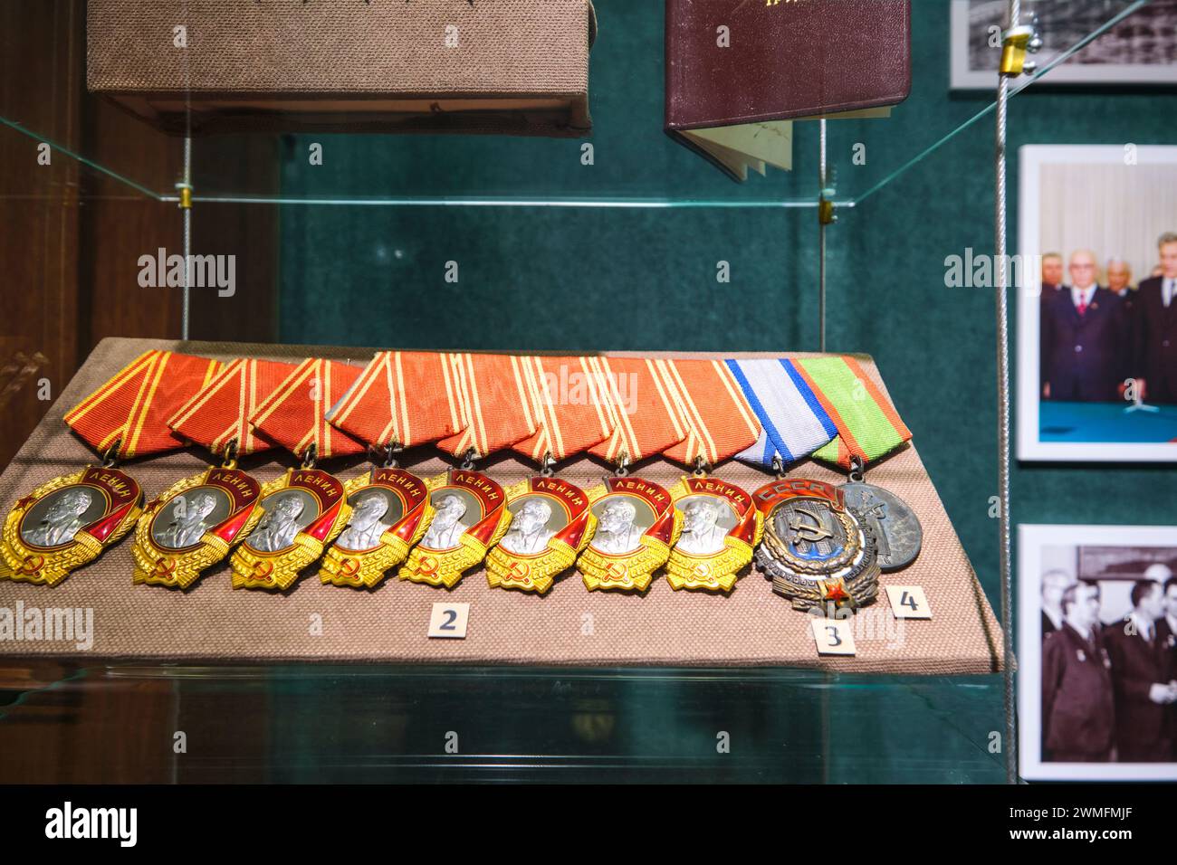 A case filled with various communist medals. At communist First ...