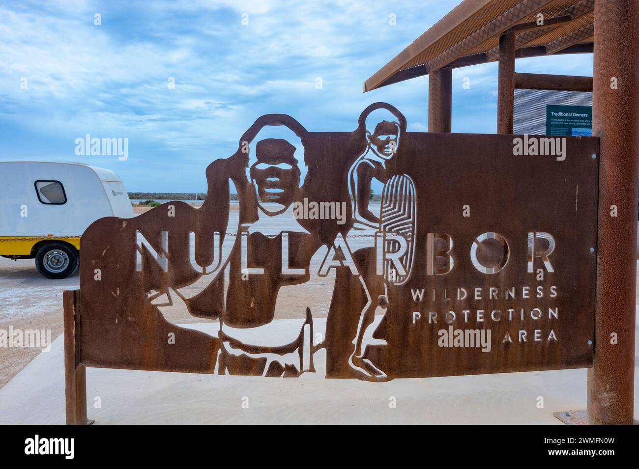 Aboriginal silhouette metal sculpture outside the Nullarbor Roadhouse along the Eyre Highway ...