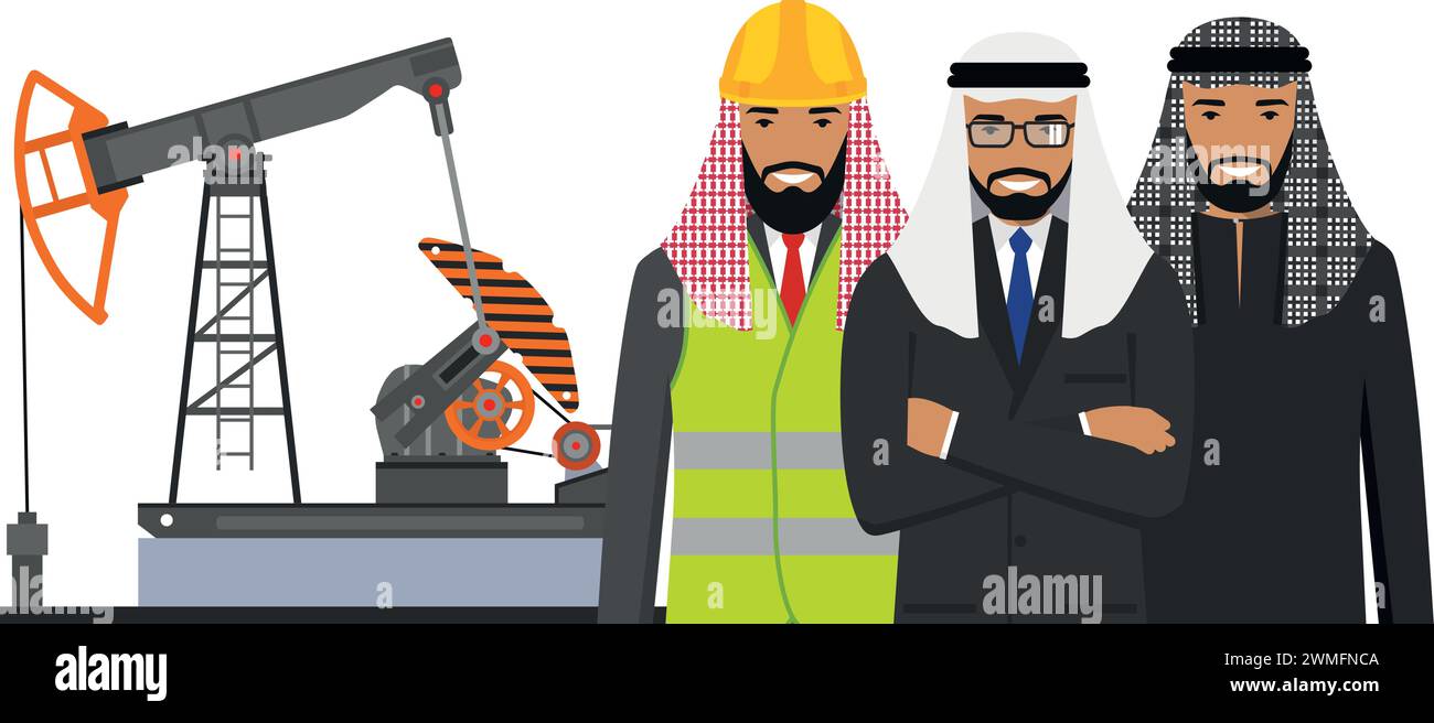 Arab Muslim Businessman, Engineer and Oil Pump in Flat Style. Vector ...