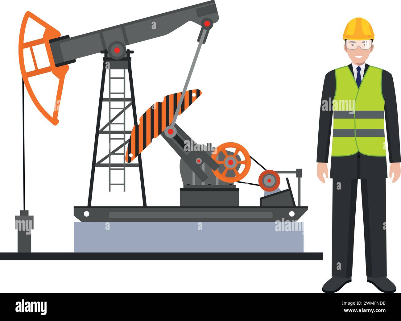 Standing Engineer in Safety Helmet and Oil Pump in Flat Style. Vector ...
