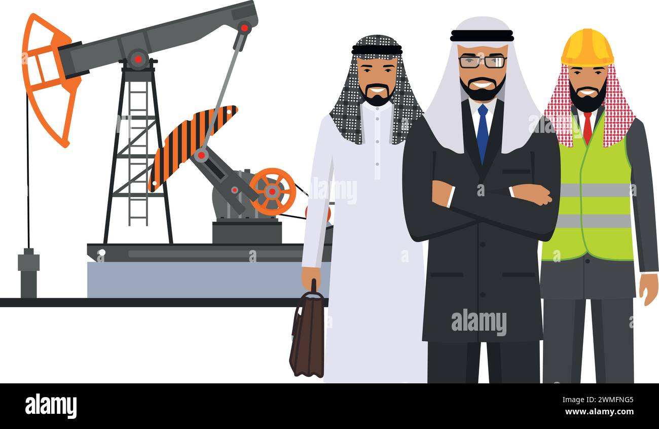 Arab Muslim Businessman, Engineer and Oil Pump in Flat Style Stock ...