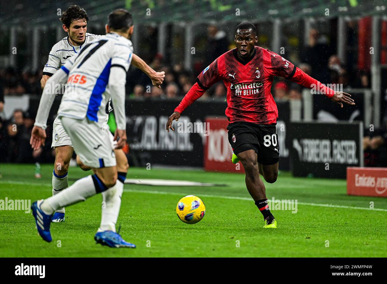 Milan, Italy on February 25, 2024. AC Milan's US midfielder #80 Yunus Musah in action during the ...