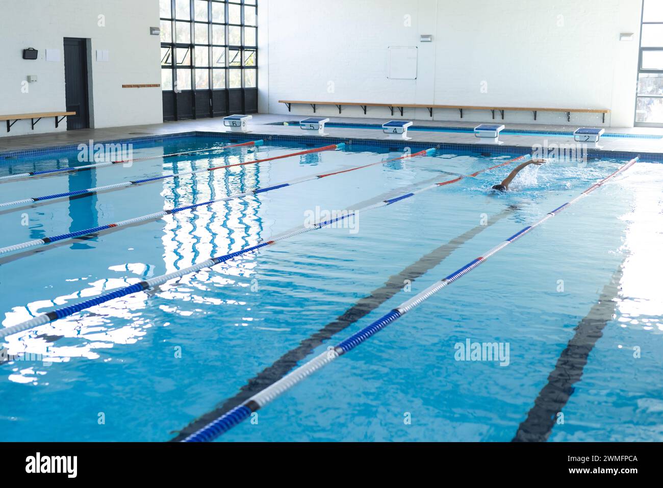 A swimmer practices in an indoor pool at a sports facility. The lanes ...