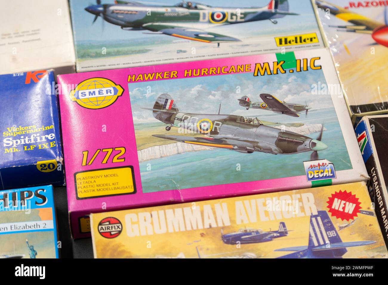 Boxed model plane kit on display at auction, UK Hawker Hurricane Mk 11C ...