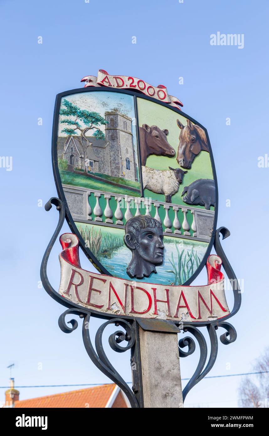 Village sign for Rendham, Suffolk, England, UK Stock Photo - Alamy