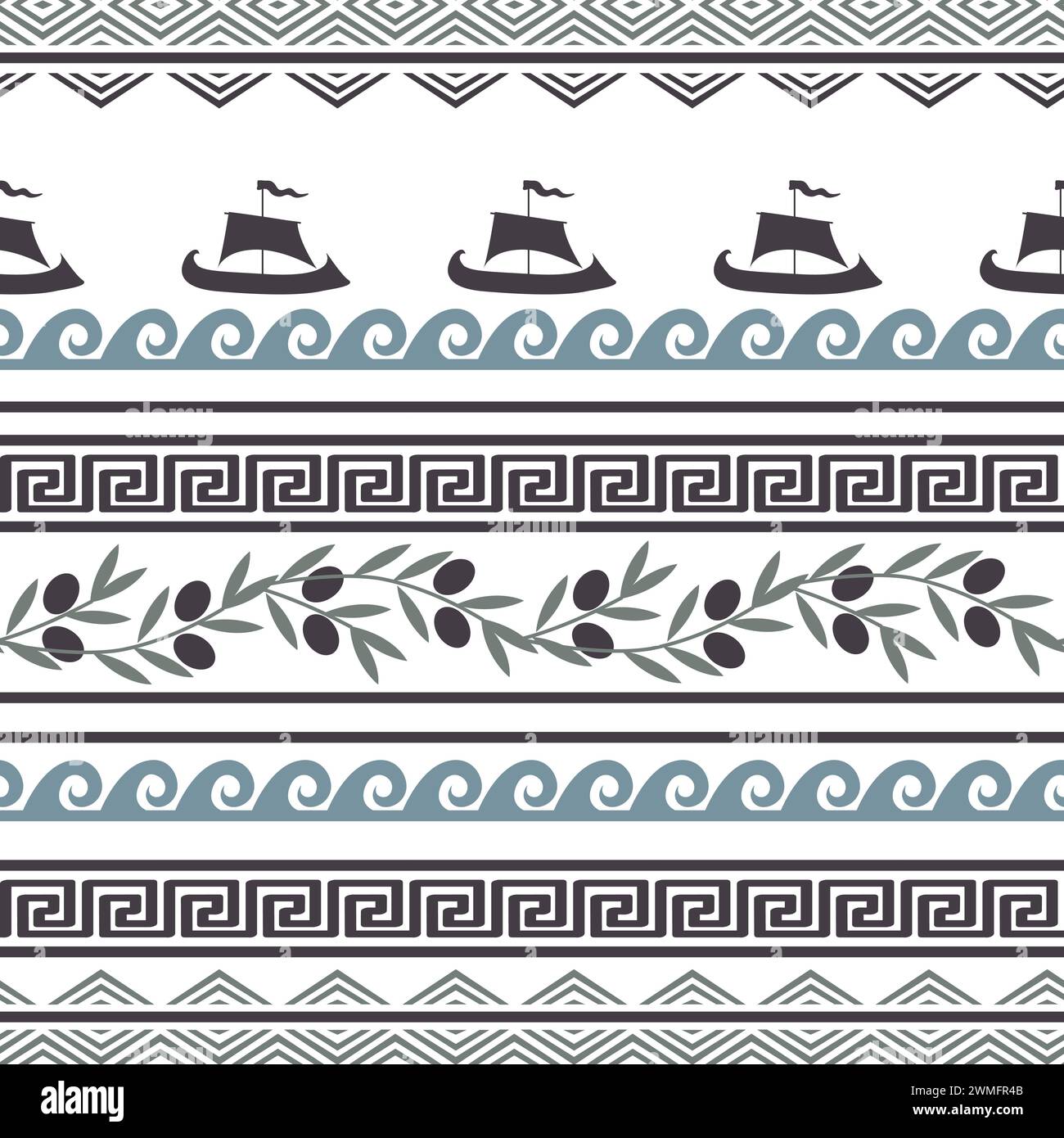 Seamless pattern with olive branches, waves, ships, and Greek symbols ...