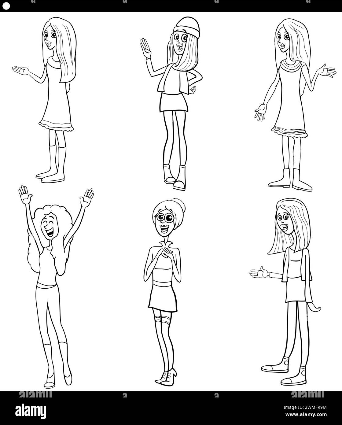 Cartoon illustration of funny young women characters caricature set ...