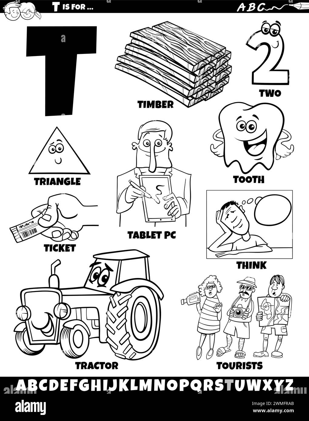 Cartoon illustration of objects and characters set for letter T ...