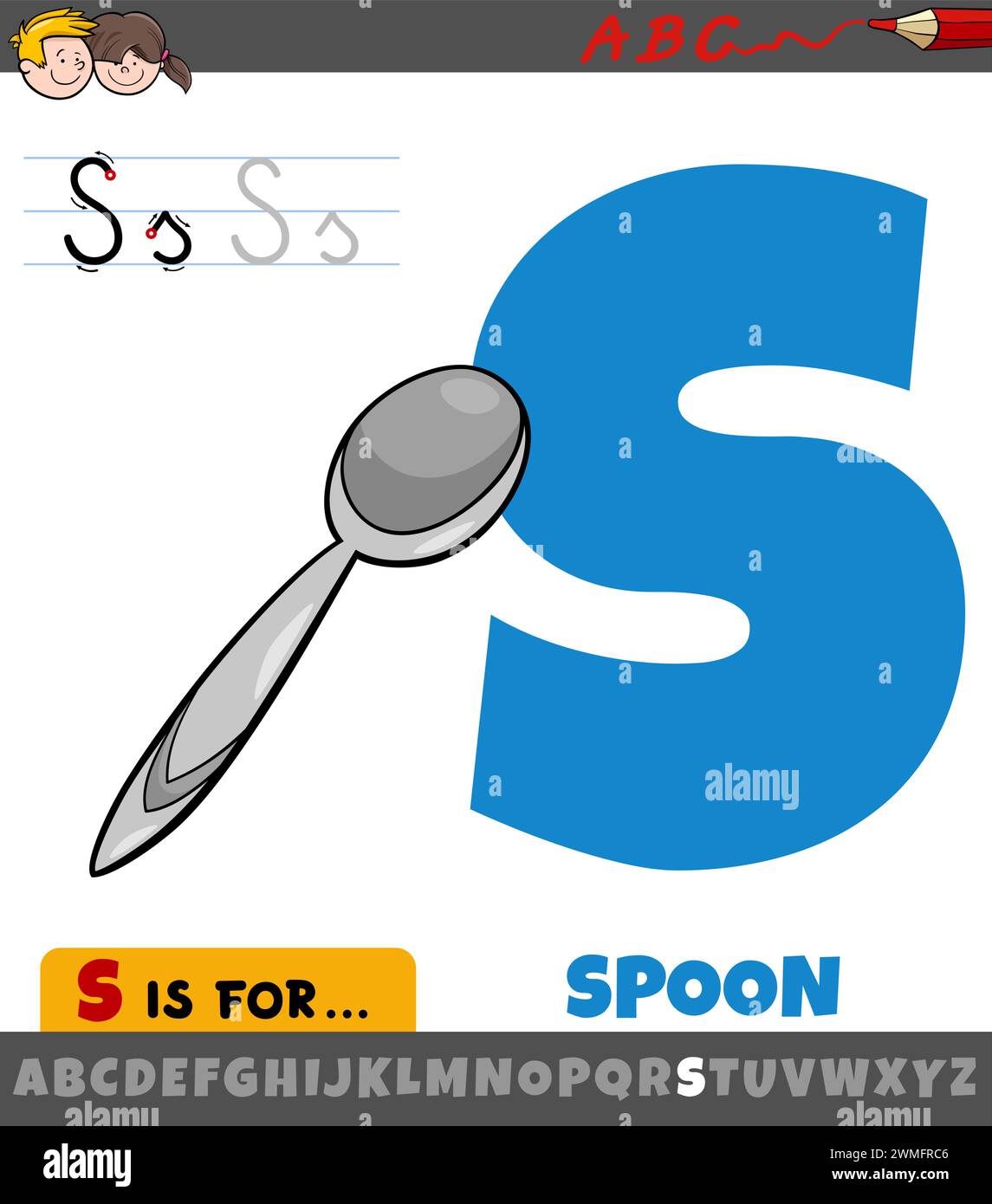 Educational cartoon illustration of letter S from alphabet with spoon ...