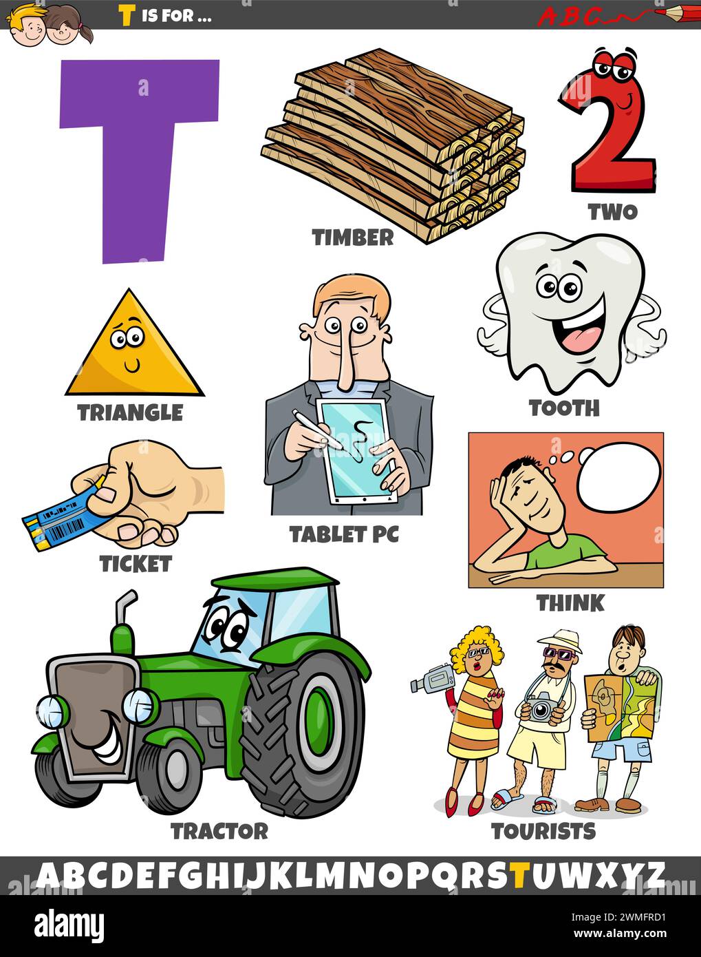 Cartoon illustration of objects and characters set for letter T Stock ...