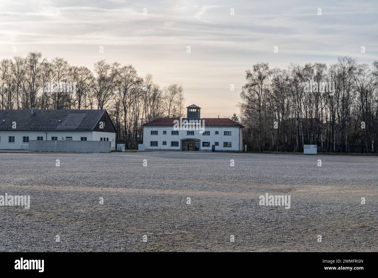 Main security building, entrance at Dachau concentration camp in Dachau ...
