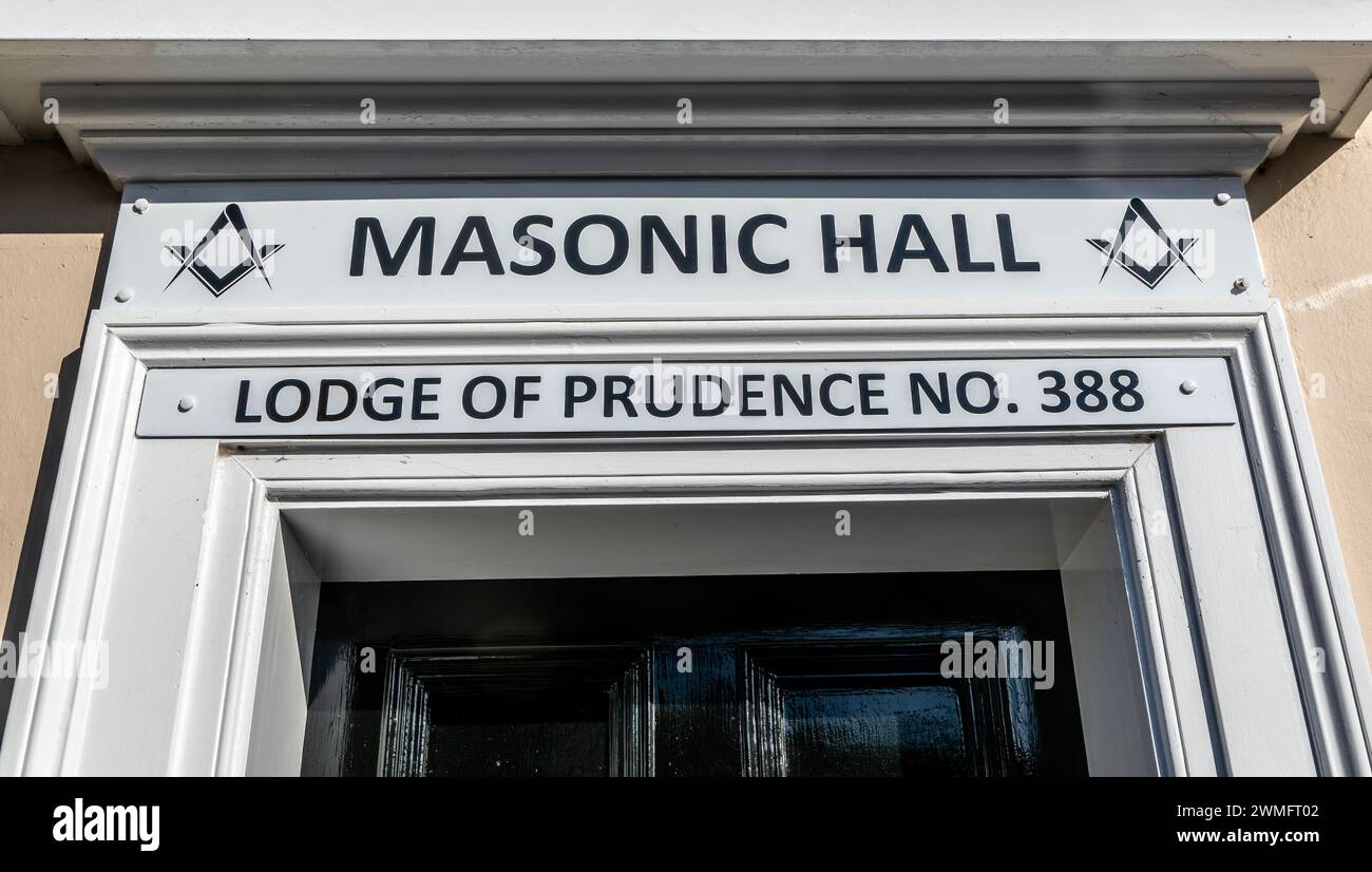 Sign above doorway entrance to Masonic Hall, Lodge of Prudence number ...
