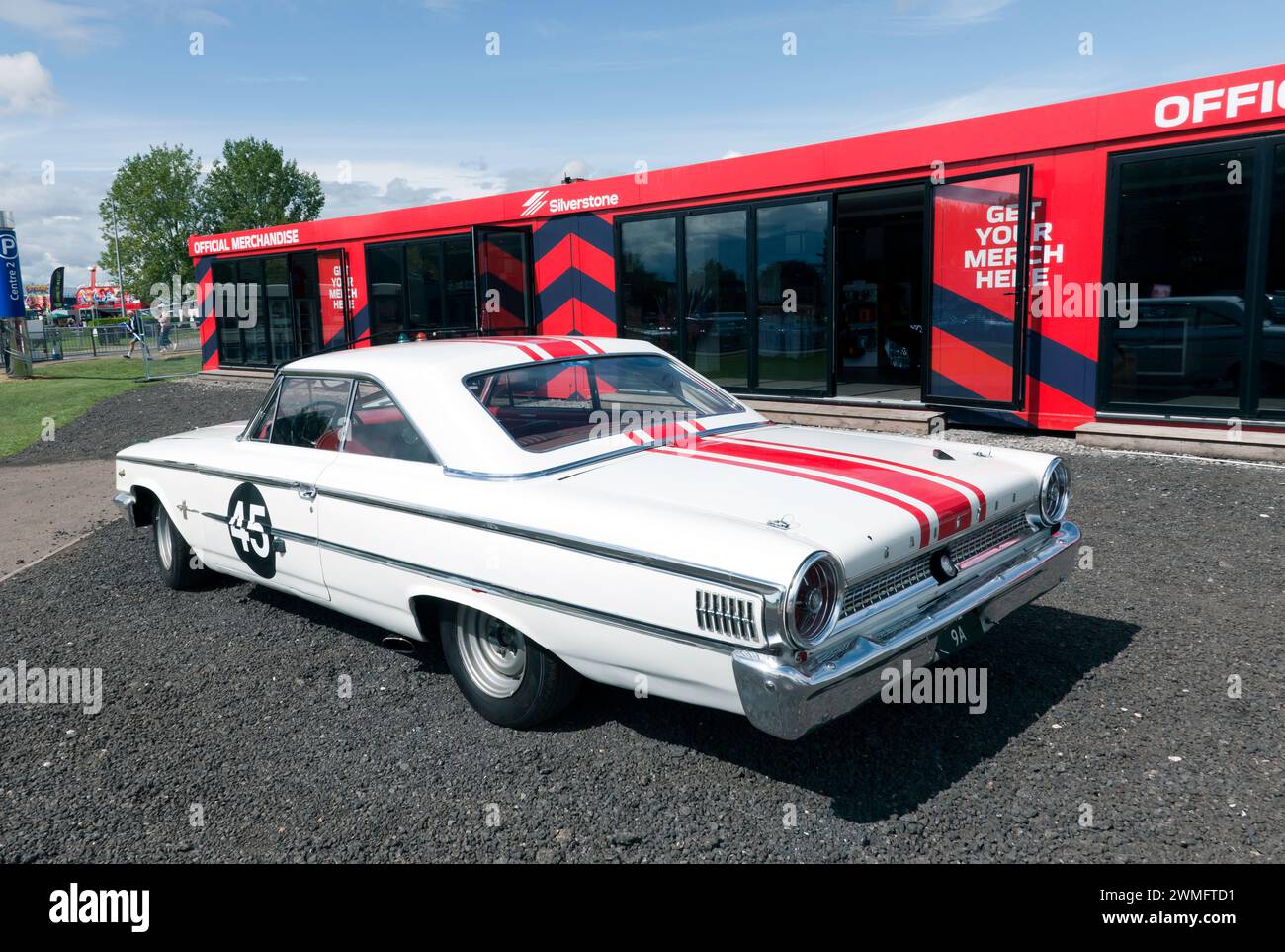 Three-quarters view of a White, 1963, Ford Galaxie Touring Car, On ...