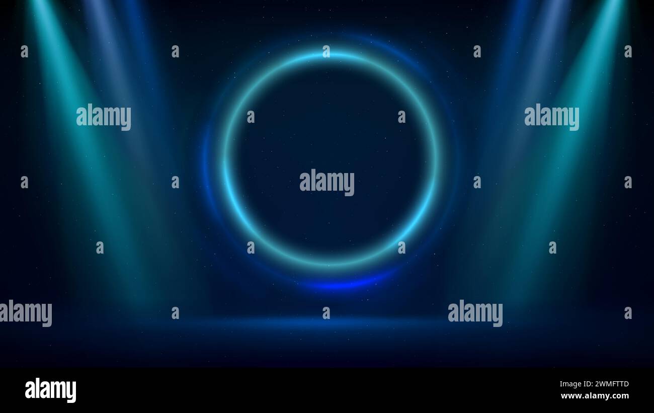 Blue cyan spotlight backdrop. Stage with cyan blue circular lighting ...