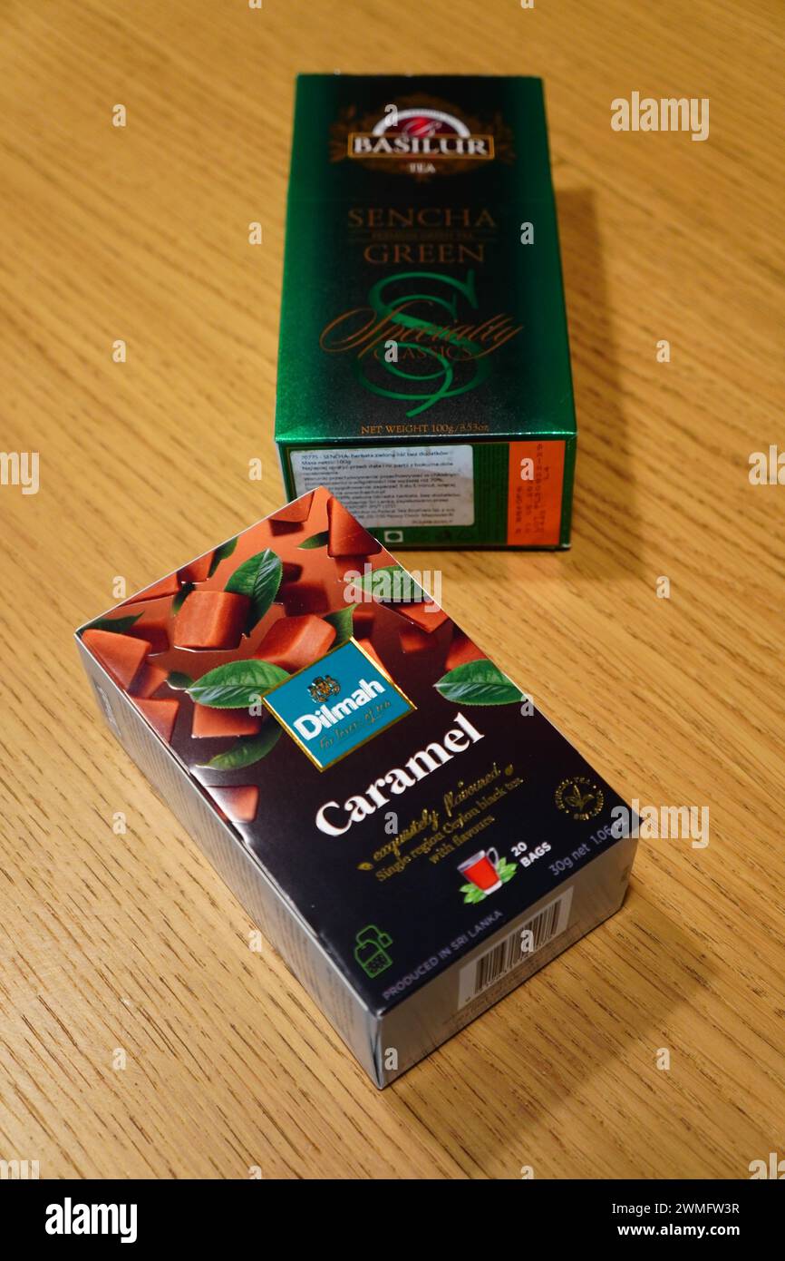 Two boxes of tea stacked on a table, side by side Stock Photo - Alamy