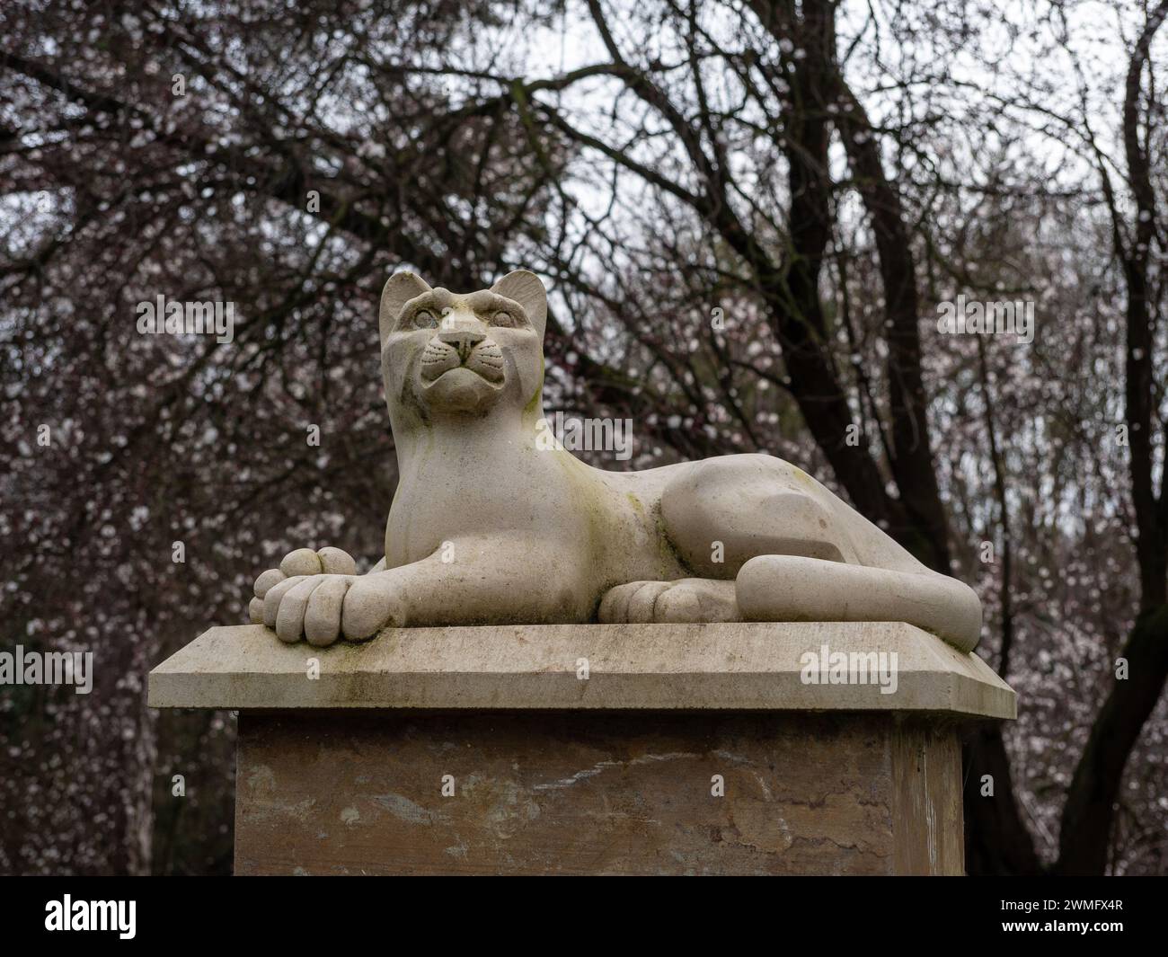 Limestone sculpture of a lion, Croyland Gardens, Wellingborough, UK; in ...