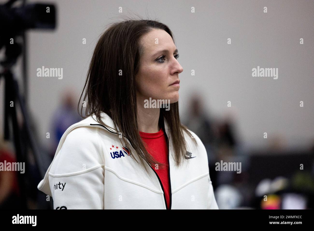U.S. 24th Feb, 2024. gymnastics technical lead Chellsie Memmel watches ...