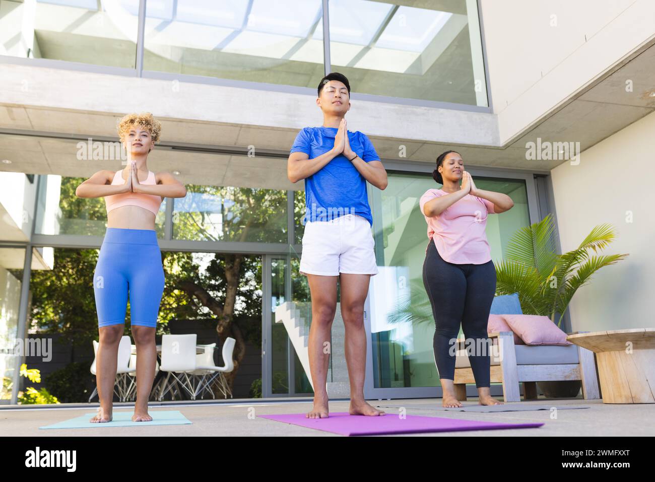 Diverse group practices yoga outdoors Stock Photo - Alamy