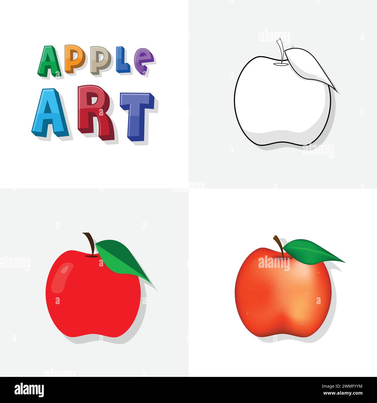 Apple art sketch, colouring page, flat and realistic apple fruit ...