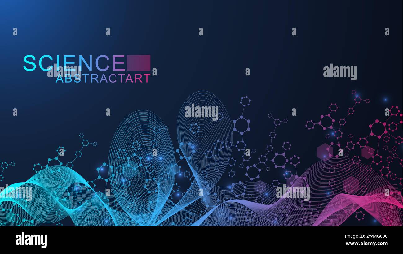 Modern scientific background with hexagons, lines and dots. Wave flow ...