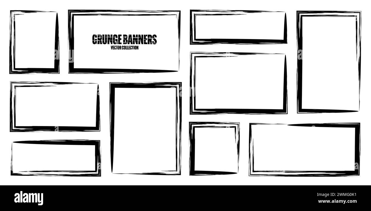 Grunge square frames, banners with stains and scratches. Brush stroke ...