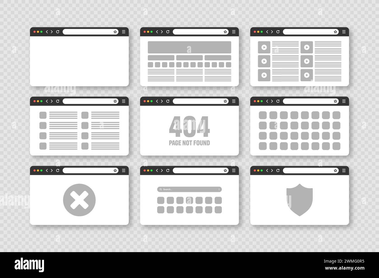 Web browser window, pages layout with toolbar and search field. Modern ...
