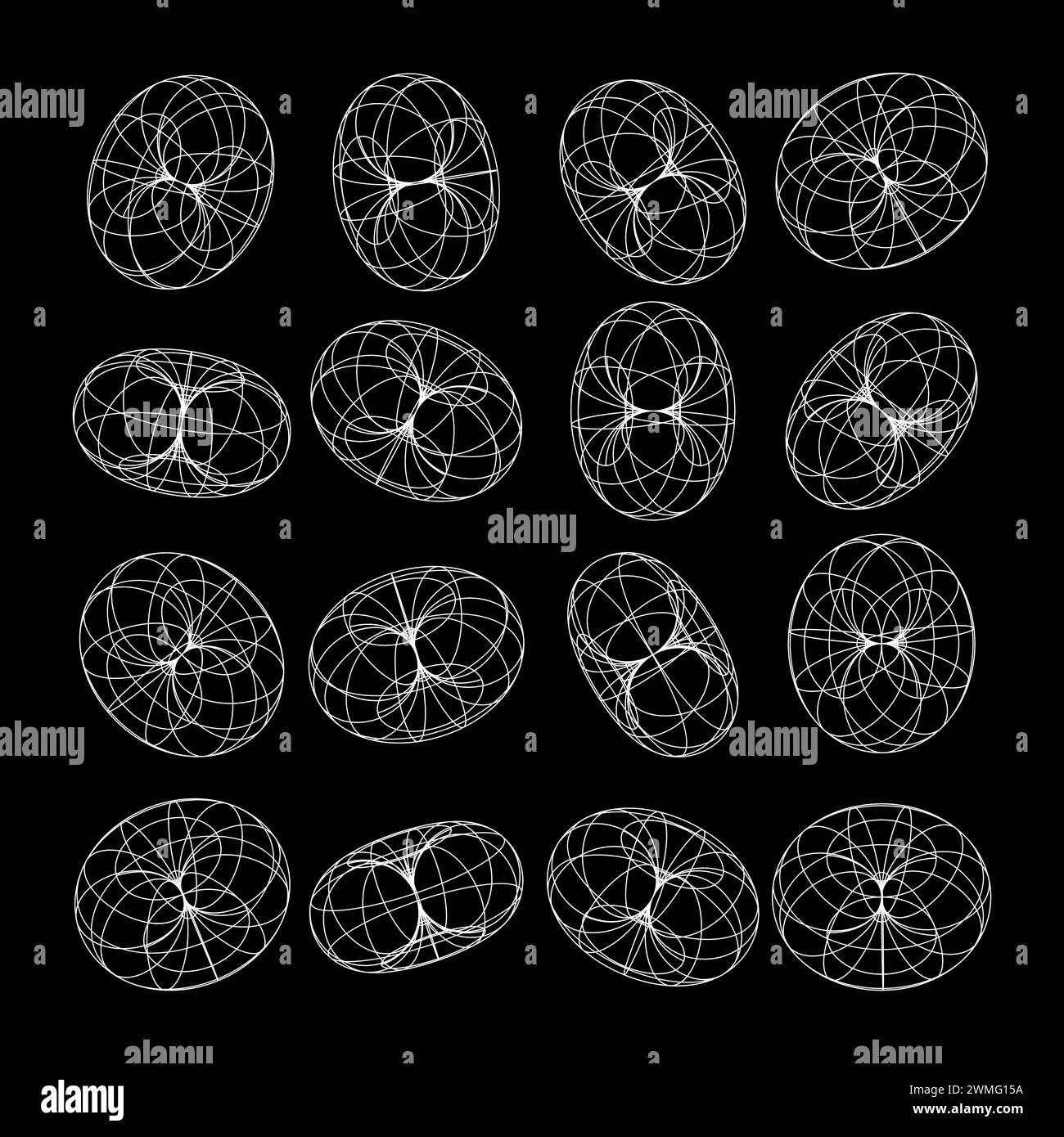 Wireframe shapes, lined torus. Perspective mesh, 3d grid. Low poly ...